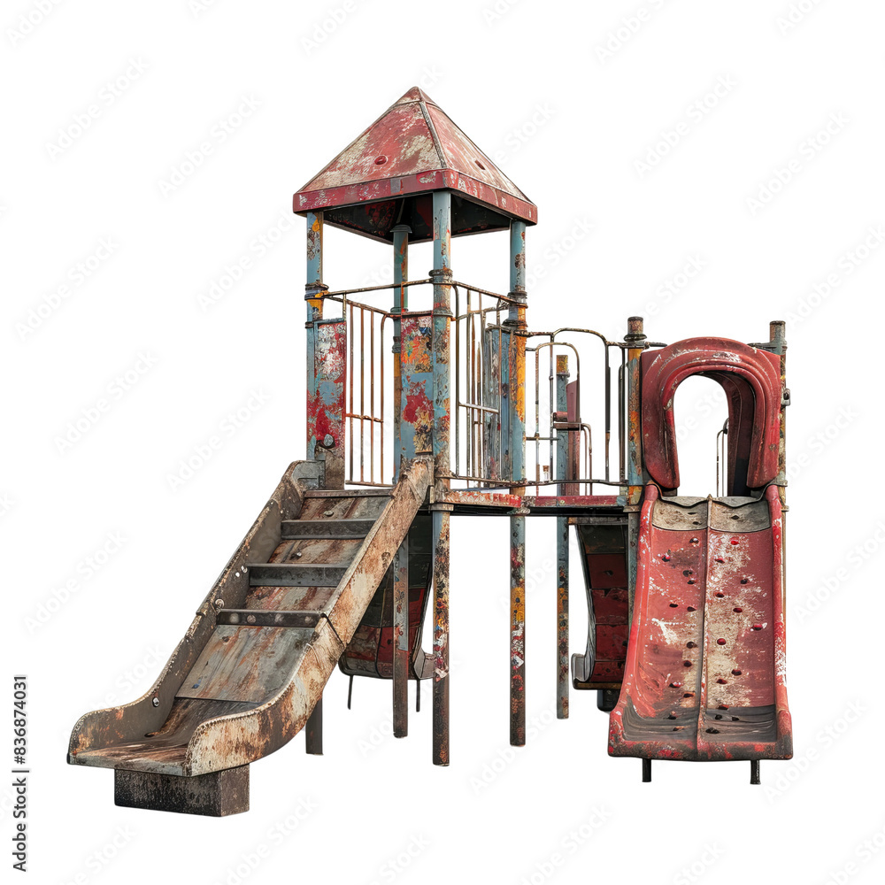 Old abandoned playground structure with weathered slides and stairs ...