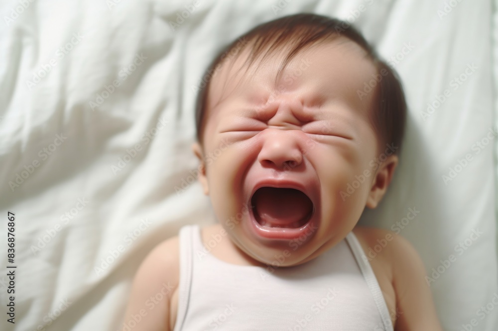 facial expression negative emotion asian newborn baby crying and lying ...