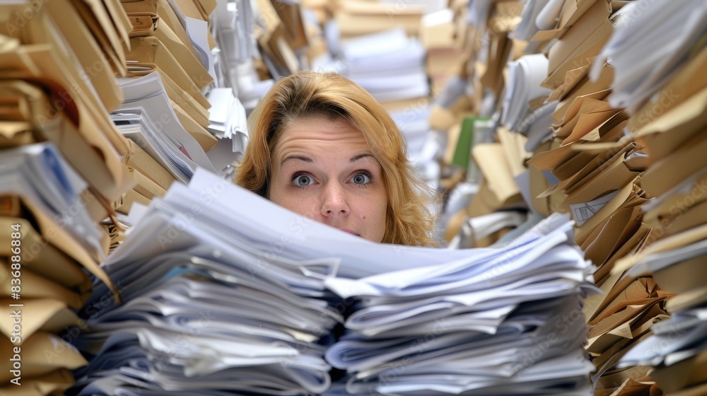 A woman peeks over a large stack of paperwork, appearing overwhelmed by ...
