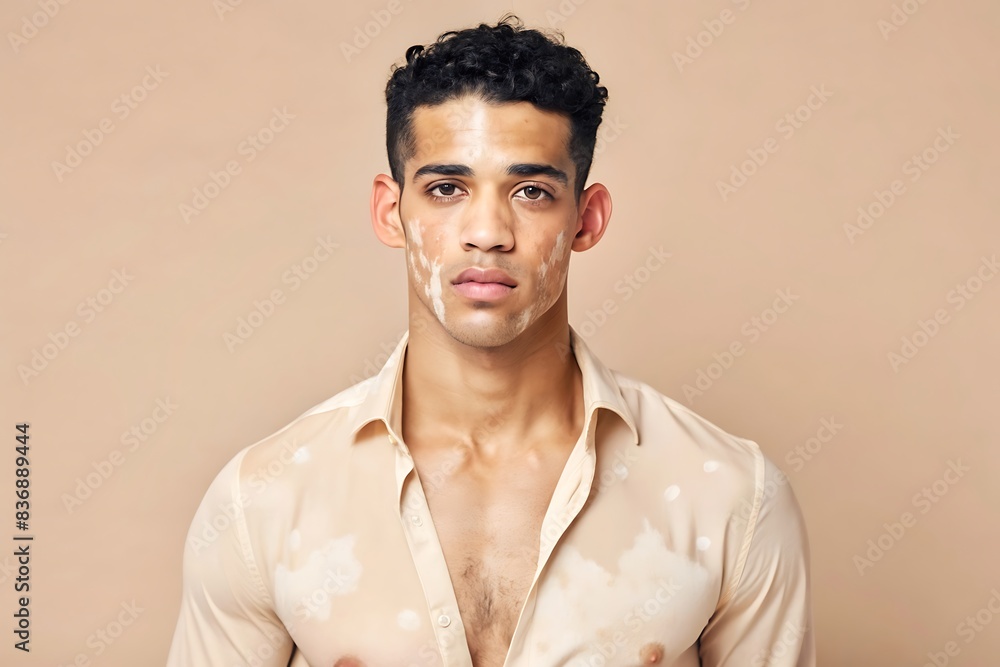 Hispanic man with vitiligo, wearing a button-down shirt unbuttoned at ...