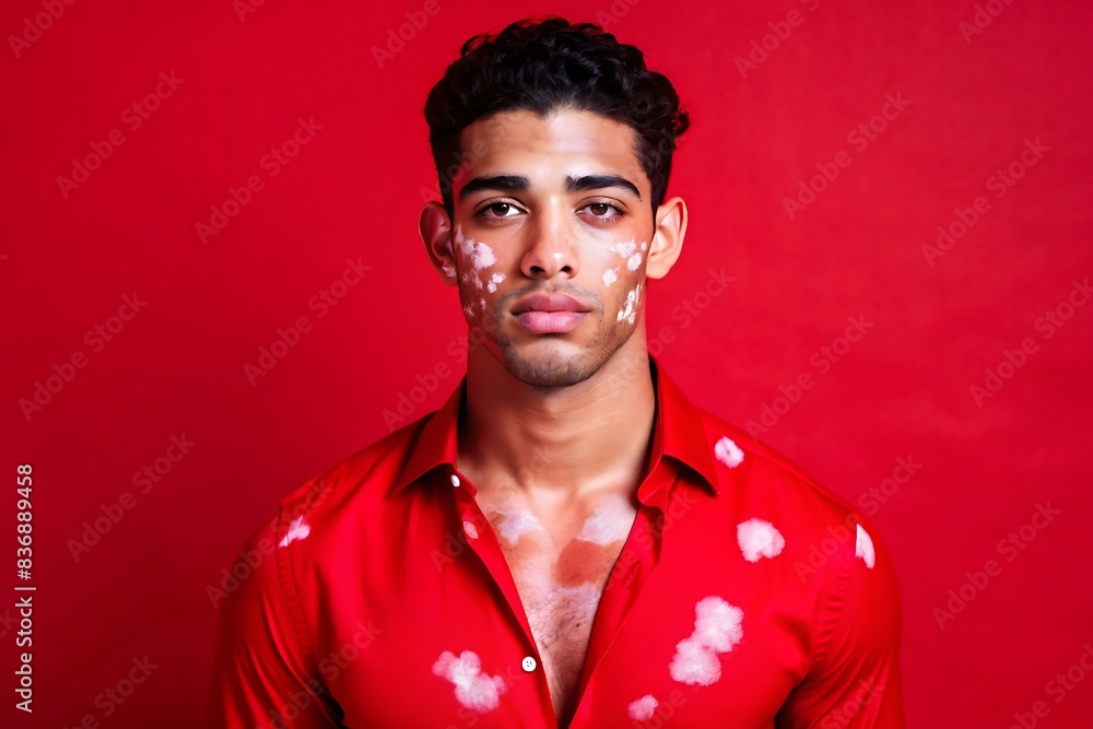 Hispanic man with vitiligo, wearing a button-down shirt unbuttoned at ...