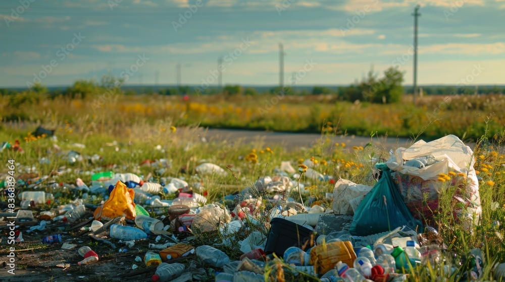 High-quality image of a landfill with piles of waste, plastic bags, and ...
