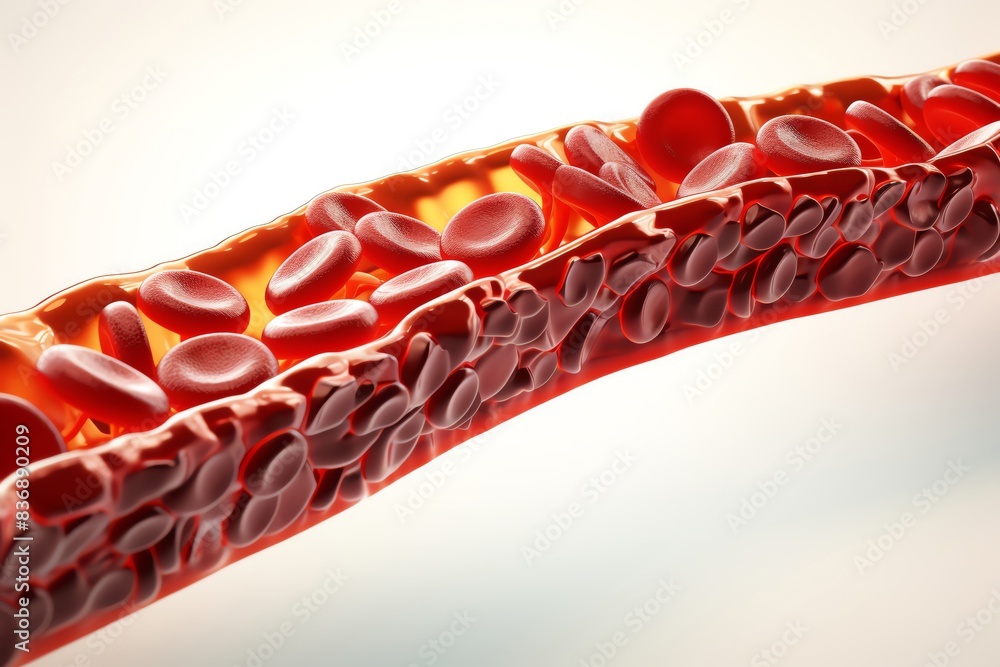 3D illustration of a blood vessel with red blood cells, showing the ...
