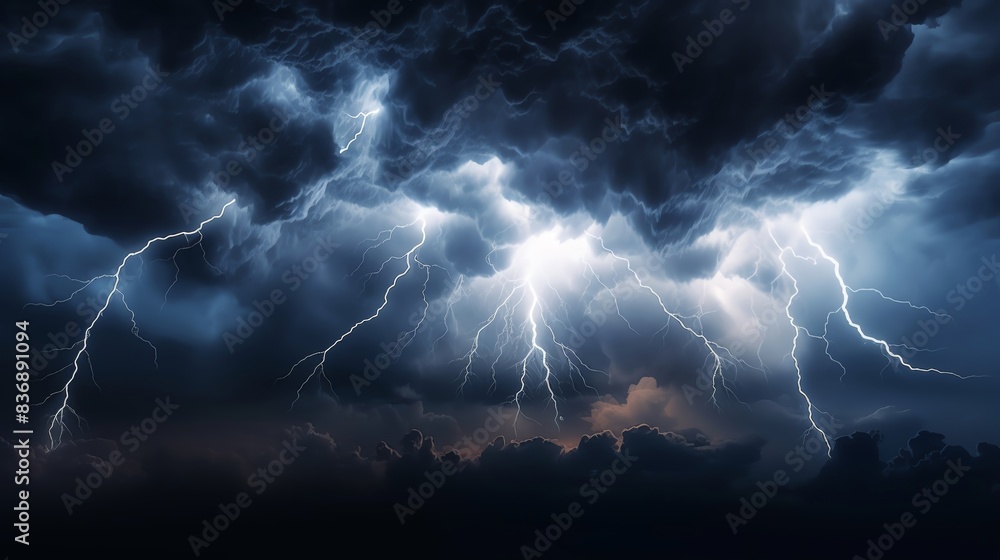 Dramatic lightning bolts illuminate a dark, stormy night sky ...