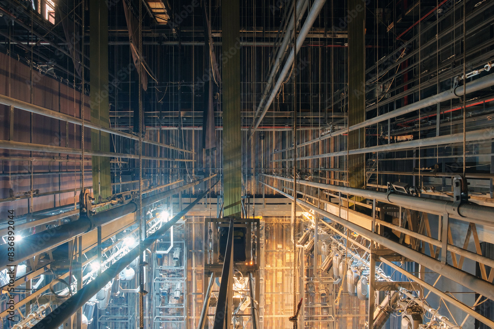 Technical equipment at the backstage of theater. Stage spot lighting ...