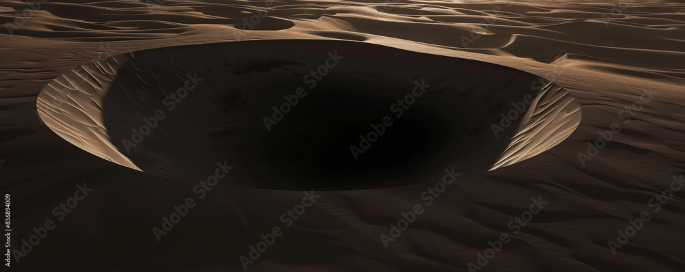 striking black circular void in midst of desert sand dunes, showcasing ...