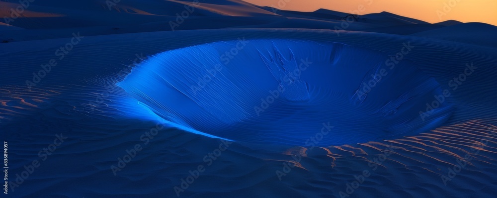 striking blue circular void in midst of desert sand dunes, showcasing ...