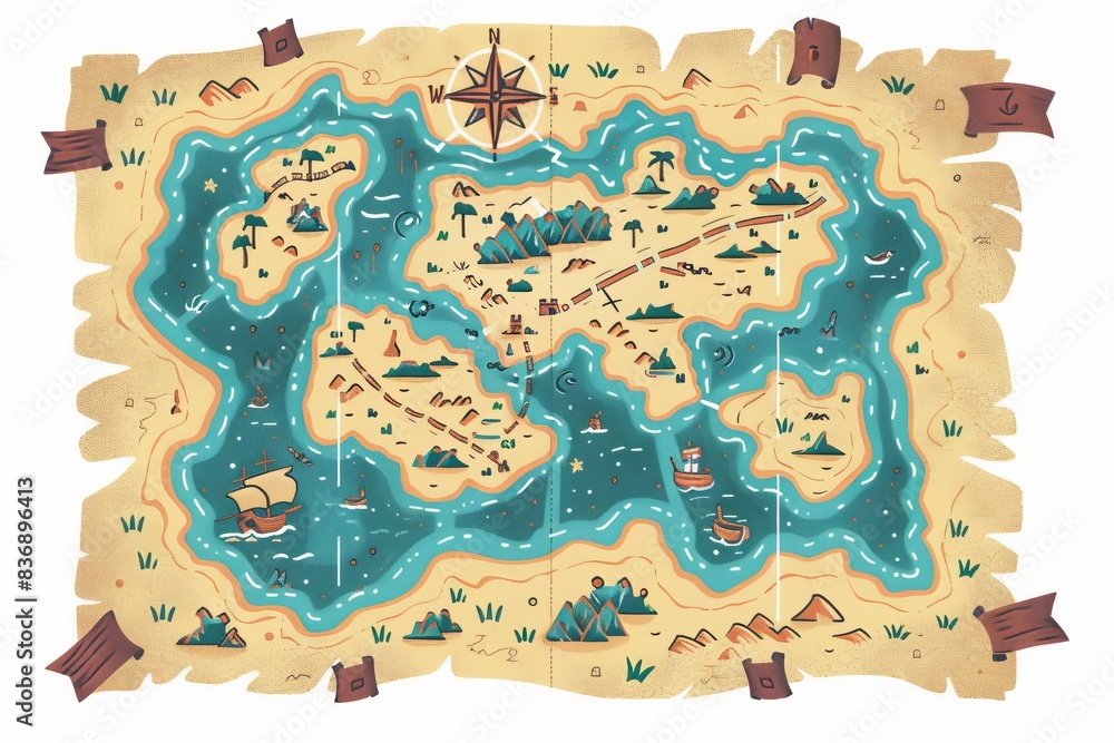 Vintage treasure map illustration depicting islands with marked routes ...