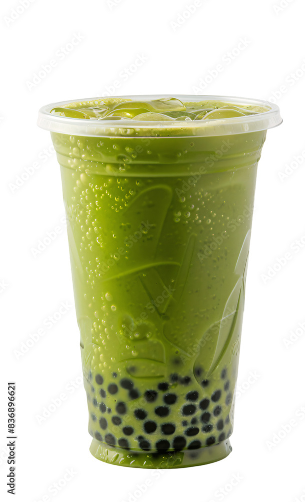 Refreshing Matcha Green Tea with Tapioca Pearls in Clear Plastic Cup on ...