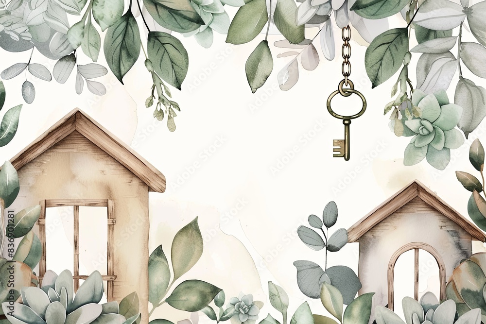 Housewarming Card Background Design - Watercolor Illustration with Text ...