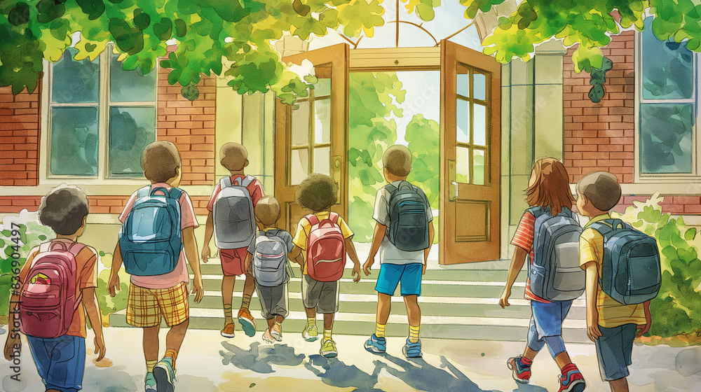 Children enter the school building on the first day of the new school ...