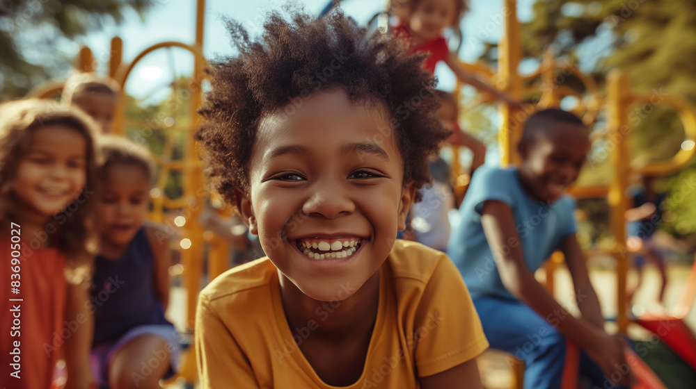 Diverse group of children playing together on a school playground, with ...