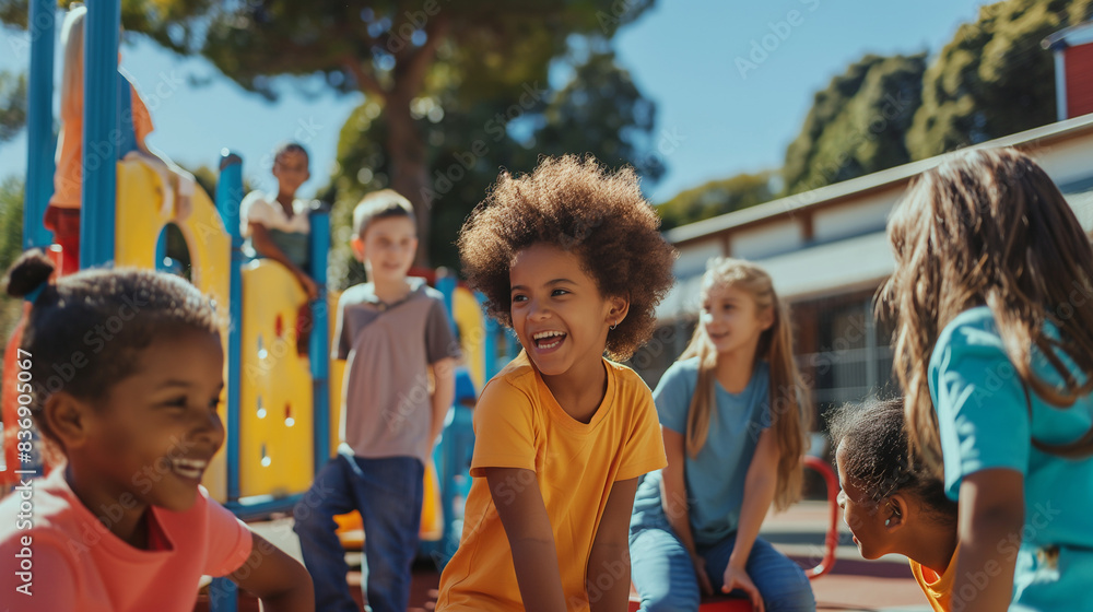 Diverse group of children playing together on a school playground, with ...