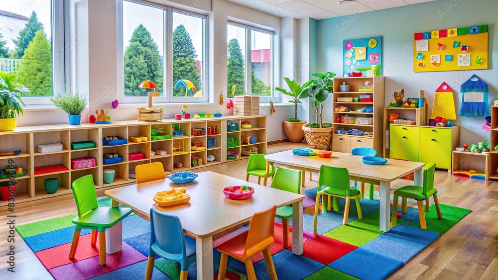 Close-up view of a colorful and playful daycare classroom , daycare ...