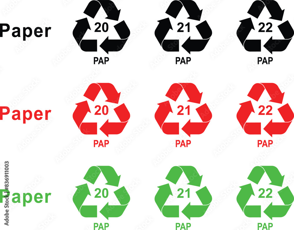 Recycling Paper mark. PAP. Ecological recycling codes. Zero waste. Editable Colorful flat ...