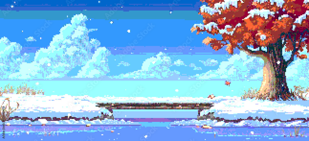 8bit pixel art game scene with small bridge over tiny patch of snow on ...