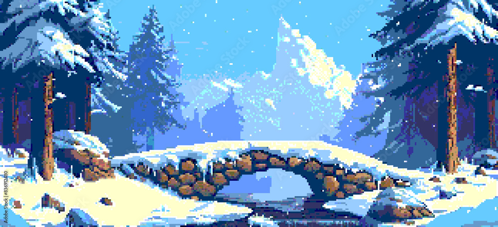 8bit pixel art game scene with small bridge over tiny patch of snow on ...