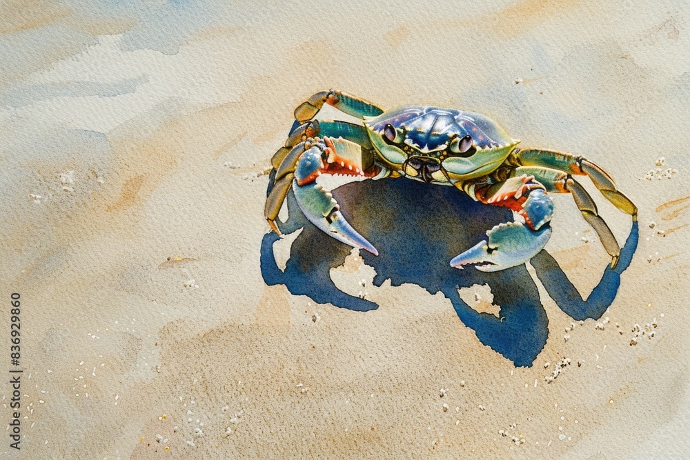 Watercolor Crab on Sandy Beach. Illustration of Small Crustacean in ...