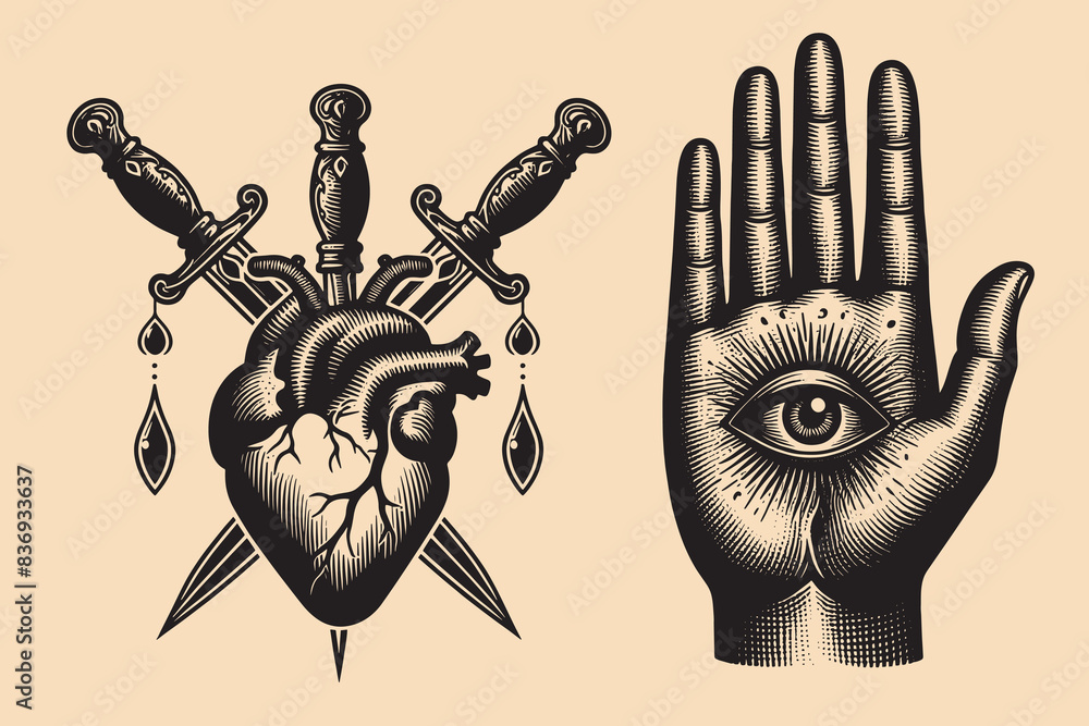 Hand and daggers in the heart. Mystical sacrifice. All-seeing eye ...