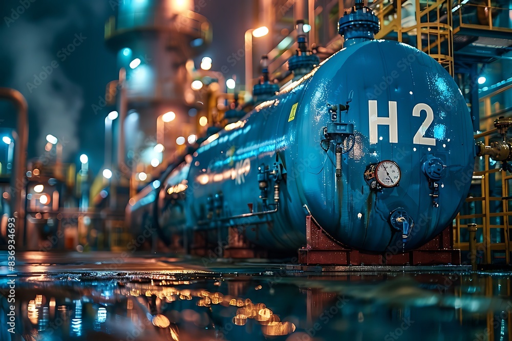Close up of an industrial "H2" fuel storage tank with a hydrogen power ...