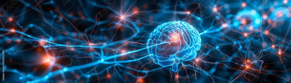 A detailed neural map illuminated by deep blue light, capturing the ...