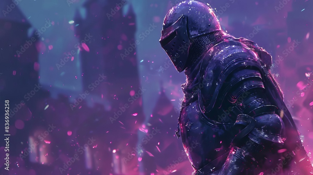 Capture a knight in shining armor in a heroic stance, with a fantasy ...