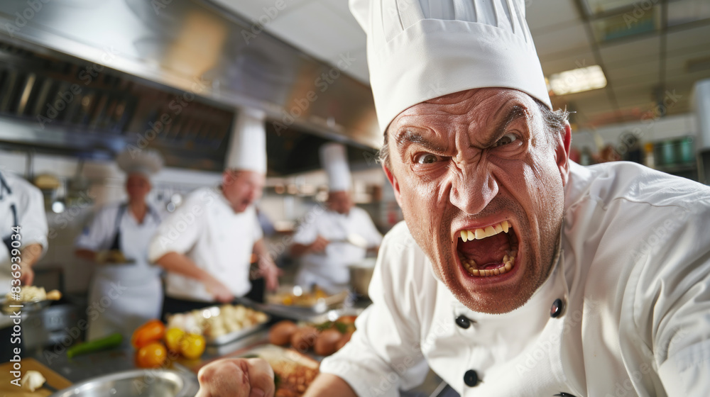 Angry chef yelling at his colleagues. Heavy stress, work against the ...