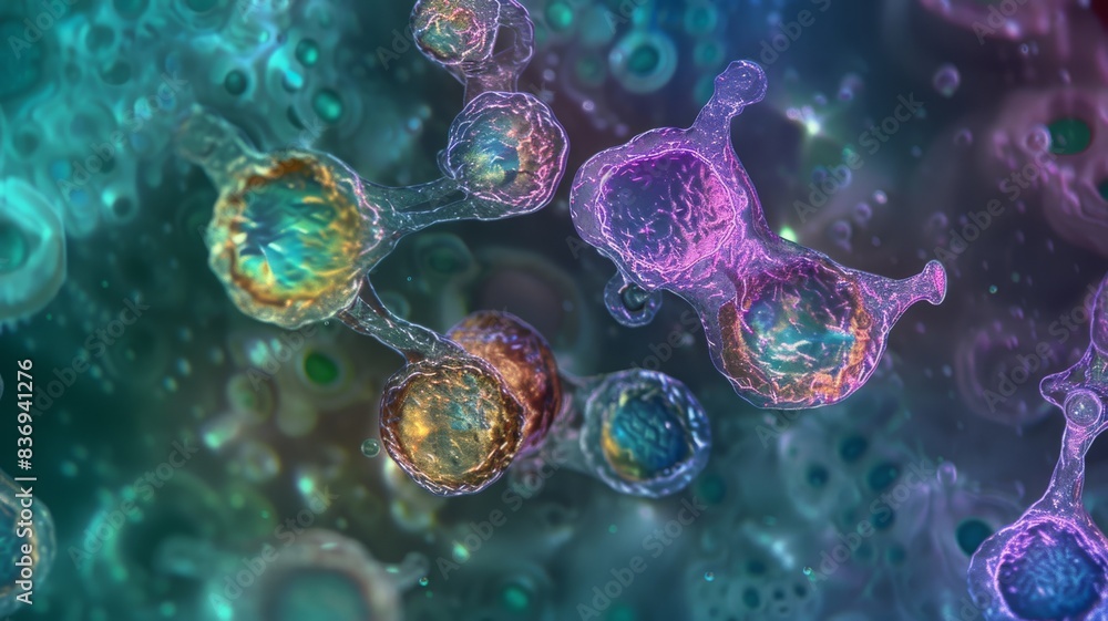 Microscopic imagery of stem cells under high magnification, colored ...