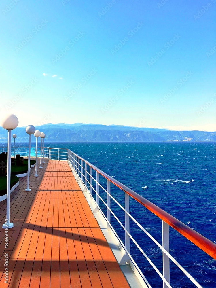 Luxury cruise ship deck. Large cruise liner ship sailing across ...