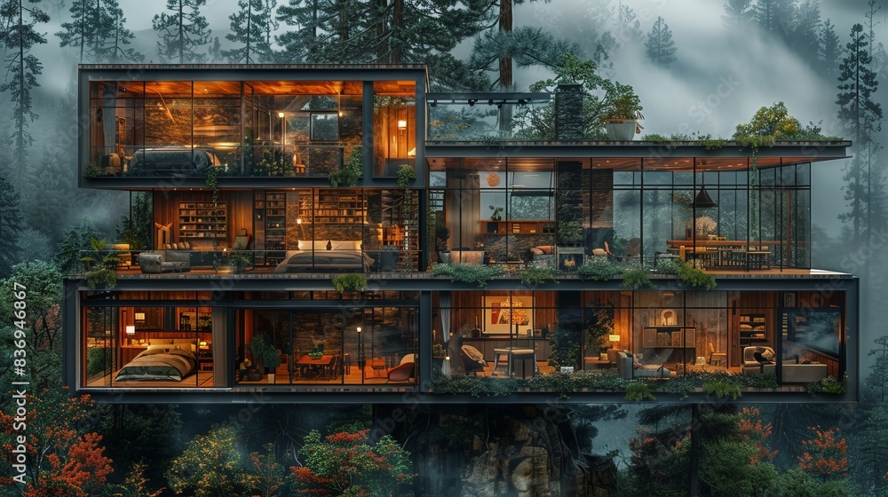 Cross section of a beautiful house in the woods, a multi-story home ...