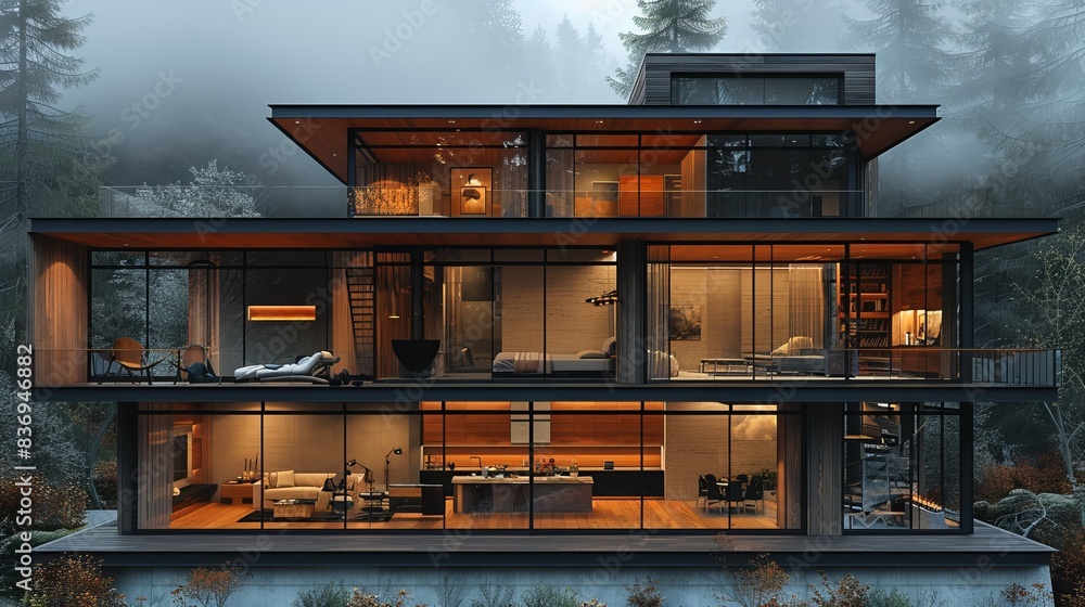 Cross section of a beautiful house in the woods, a multi-story home ...