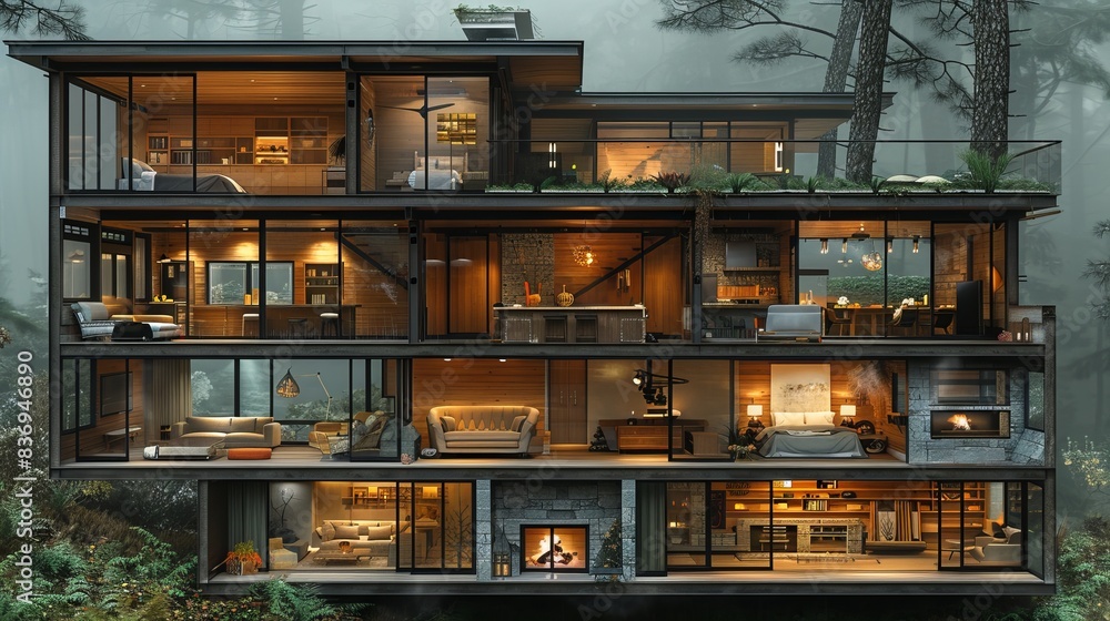 Cross section of a beautiful house in the woods, a multi-story home ...