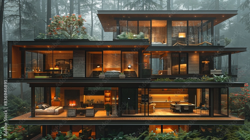 Cross section of a beautiful house in the woods, a multi-story home ...