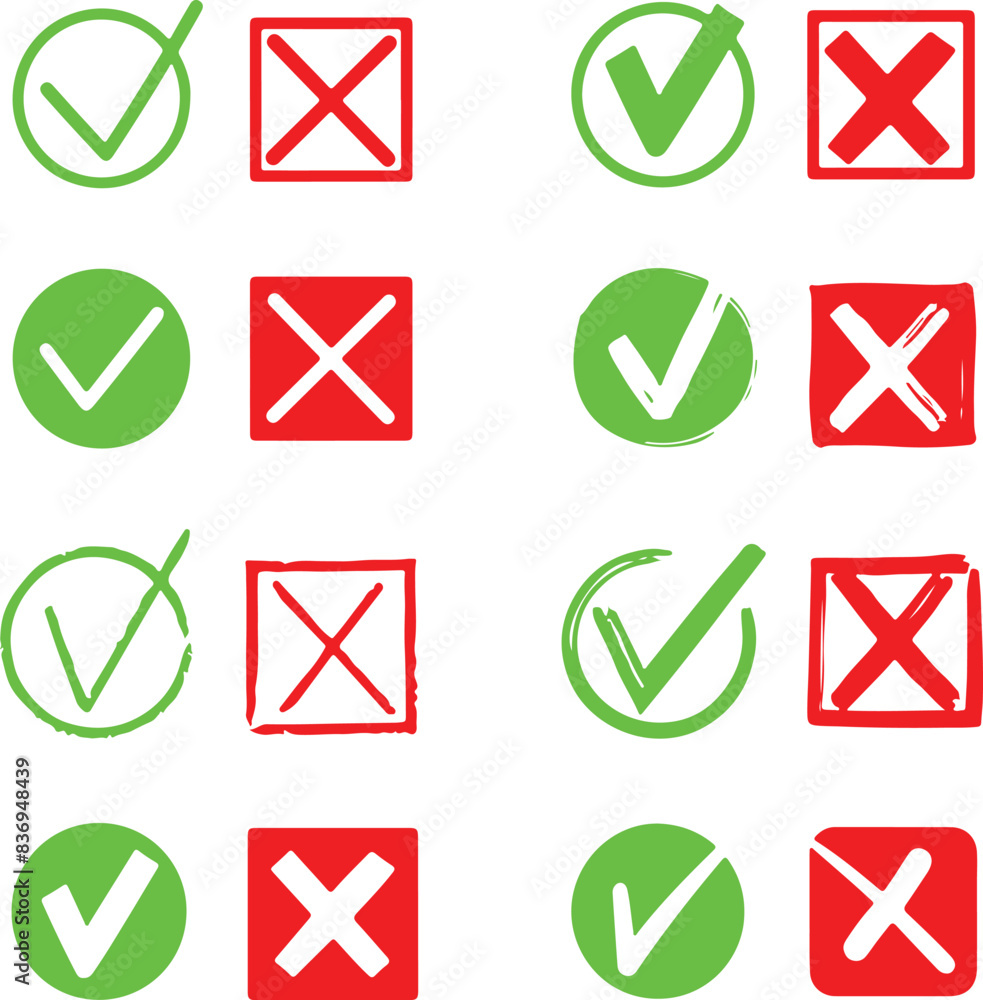 Icon set of green check mark and red wrong marks. Flat vector icon ...