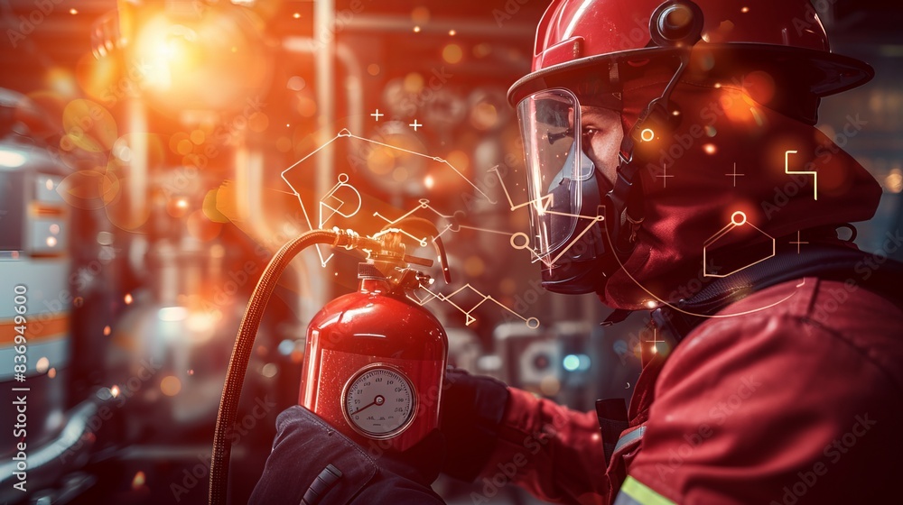A firefighter checking the pressure gauge level on a fire extinguisher ...