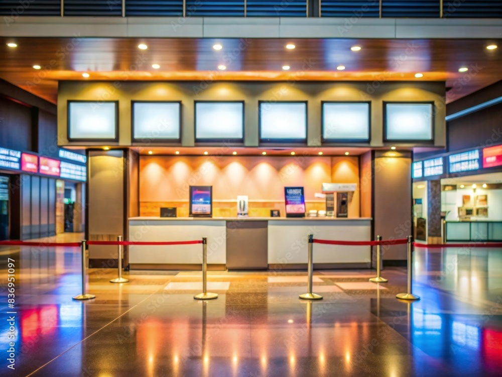 Blurred image of ticket sales counter at movie theater with empty ...