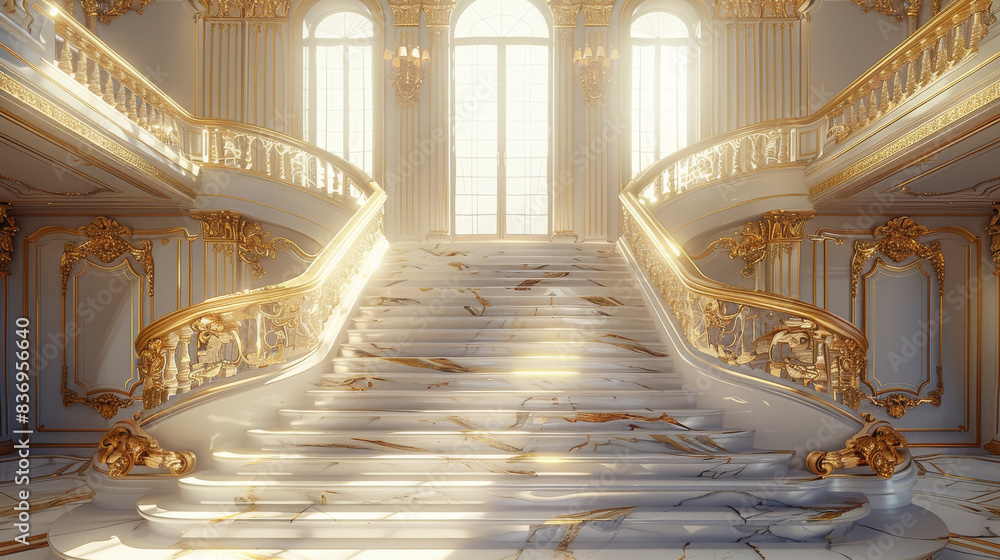 Golden and white marble staircase, European style palace interior ...