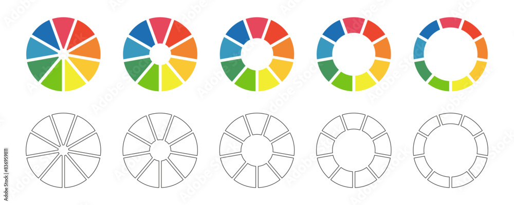 Donut charts set, pies segmented on 9 equal parts. Diagrams infographic ...