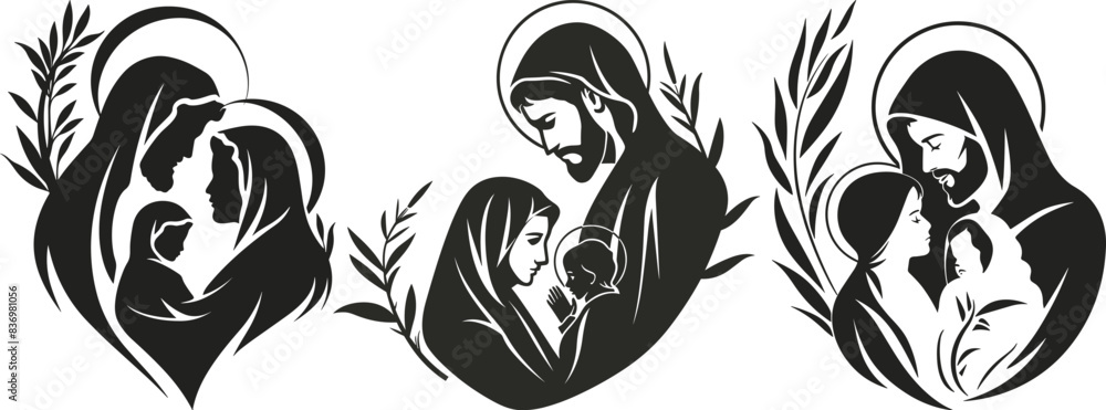 Baby Jesus with Mother Mary and Joseph. Vector Set. Logo, Icon, Symbol ...