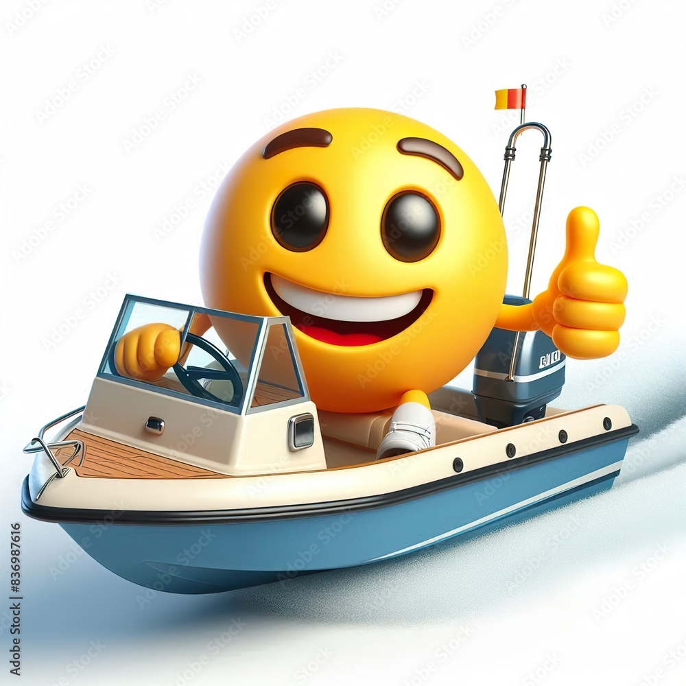 3D smile emoji on motorboat giving thumbs up on a white background ...