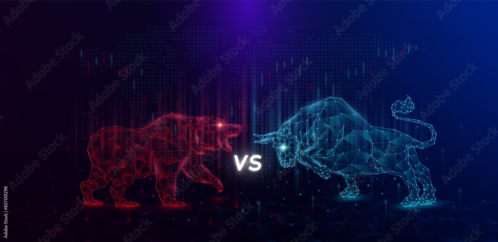 Red bear vs blue bull shapes polygon facing each other. Bullish and ...