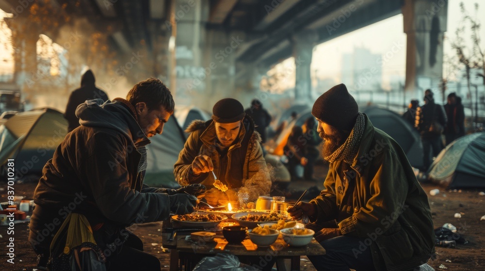 Group of homeless people sharing a meal under a city bridge Stock ...