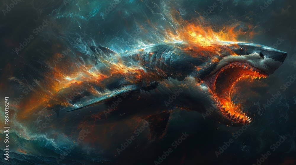 Vibrant digital portrait of a Megalodon in fiery strokes, highlighted ...
