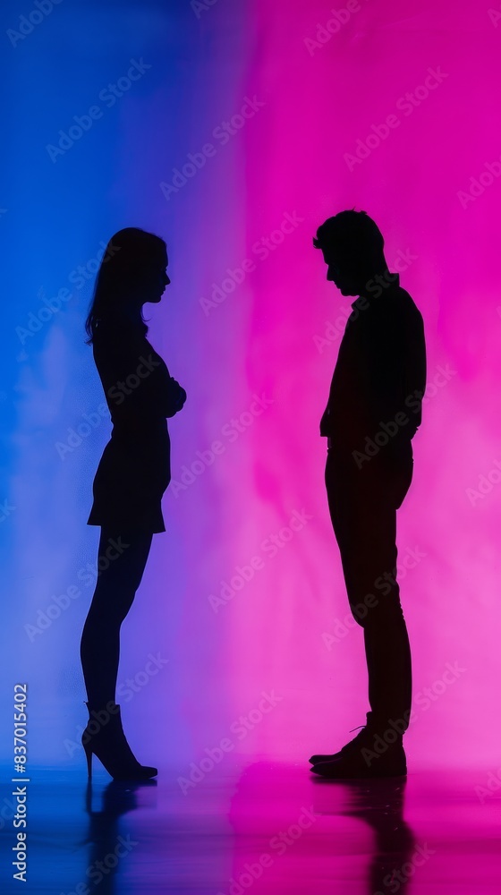 Vibrantly colored couple silhouette facing opposite directions ...