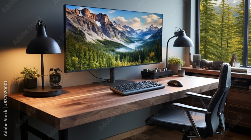A clutter-free desk setup with a dual monitor display, ergonomic ...