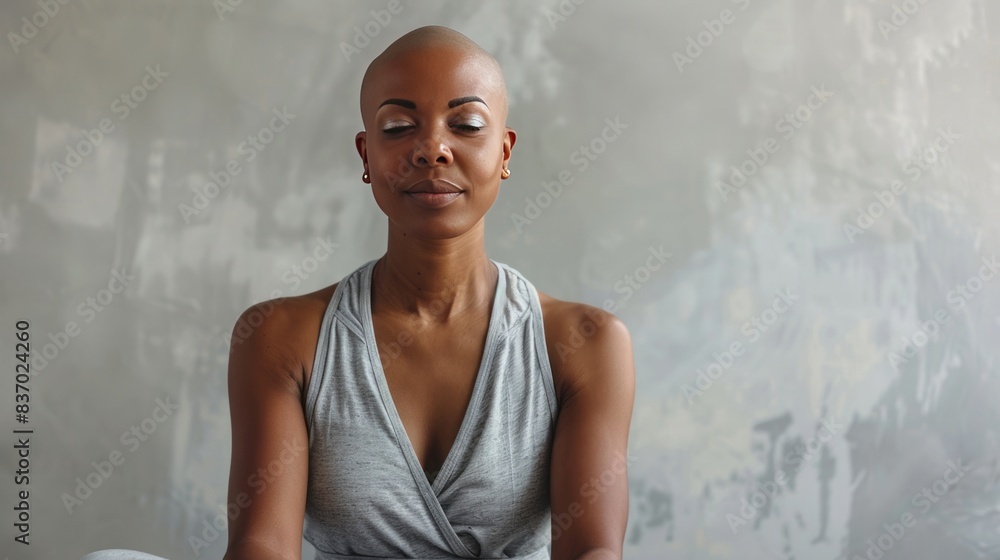 Bald black woman meditating Happy african american female with shaved ...