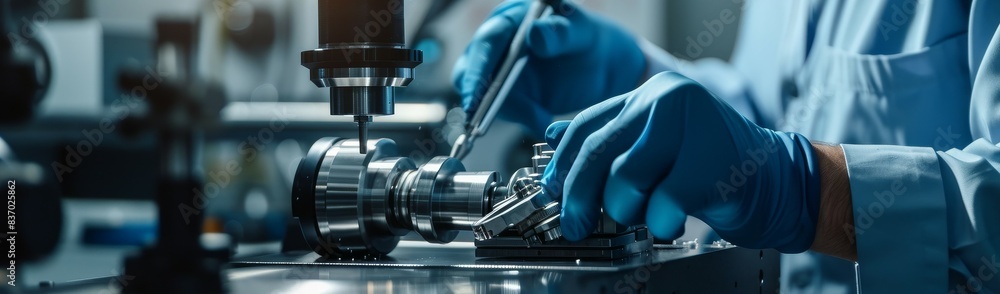 Mechanical engineers using precision tools to measure product ...