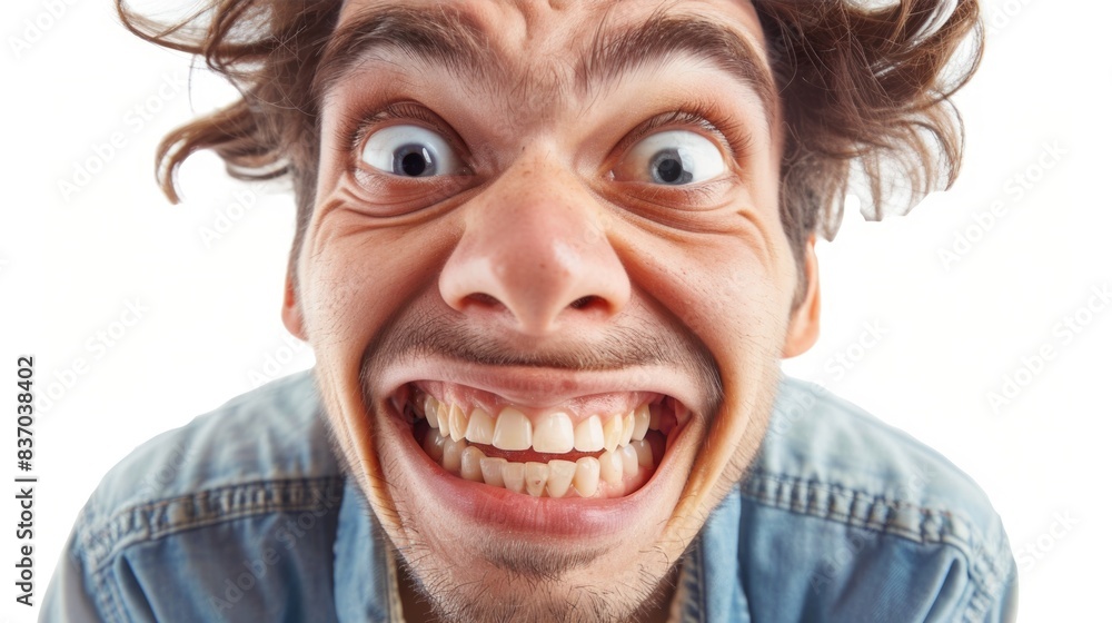 A high-resolution image of a person making a goofy face with crossed ...