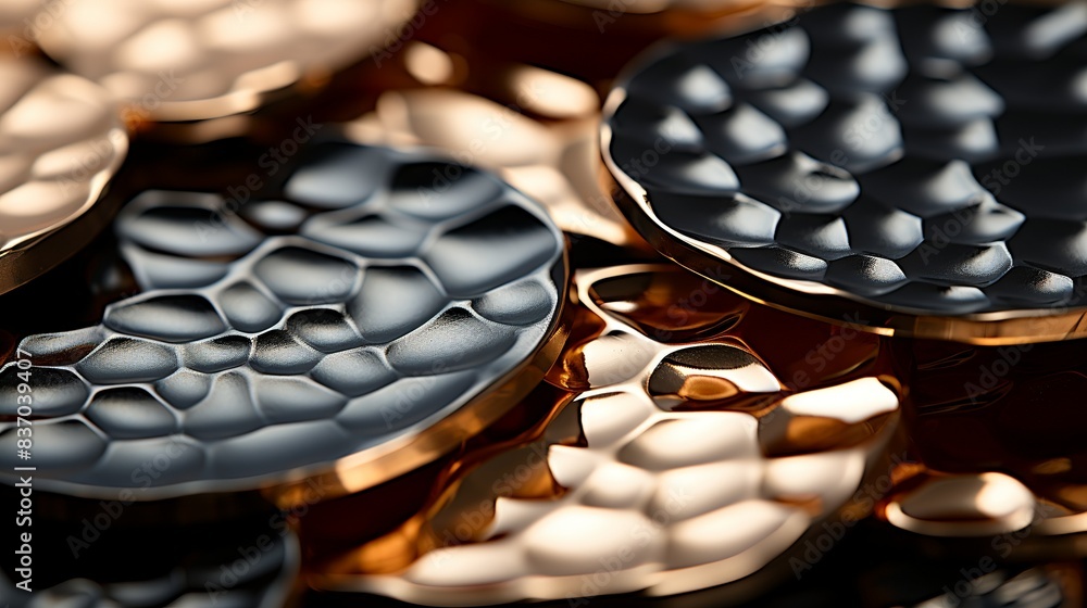 A detailed shot of hammered metal with dimpled textures and reflective ...