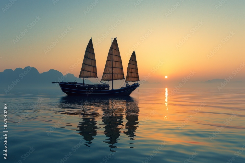 The silhouette of a traditional Chinese junk boat sailing gracefully ...